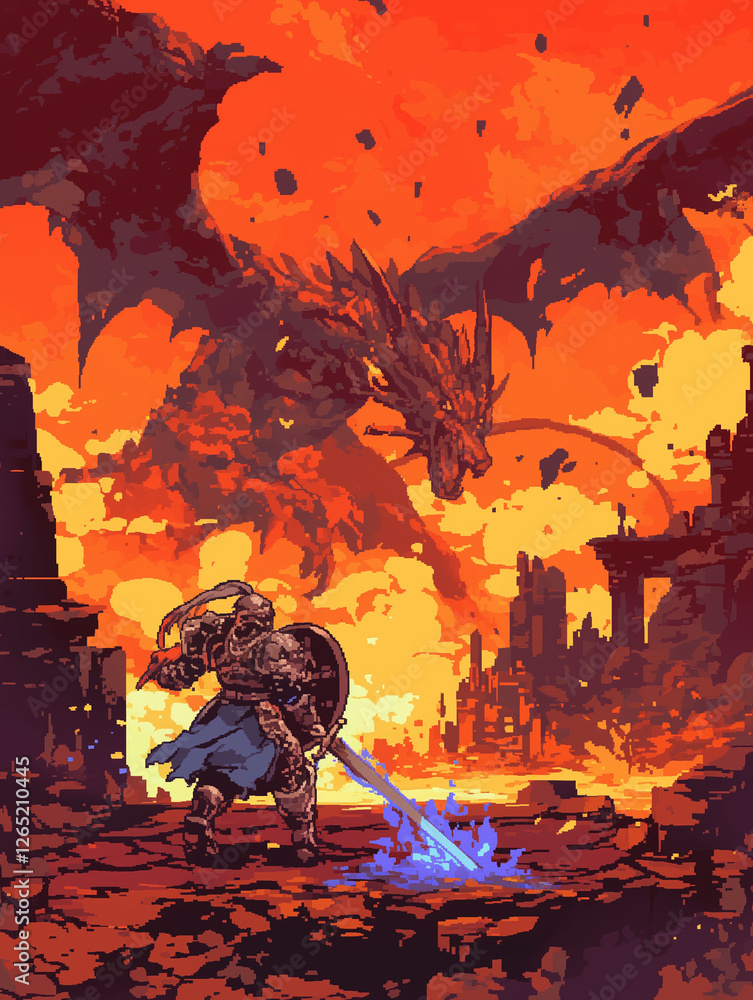 Pixel art battle scene, knight vs dragon, fire effects, 8-bit animation ...