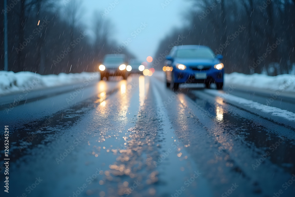 The image depicts a snowy day scene on a road, with a blue car in ...
