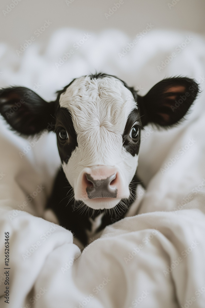 Cute baby calf, with a black and white face, laying in a bed with a ...