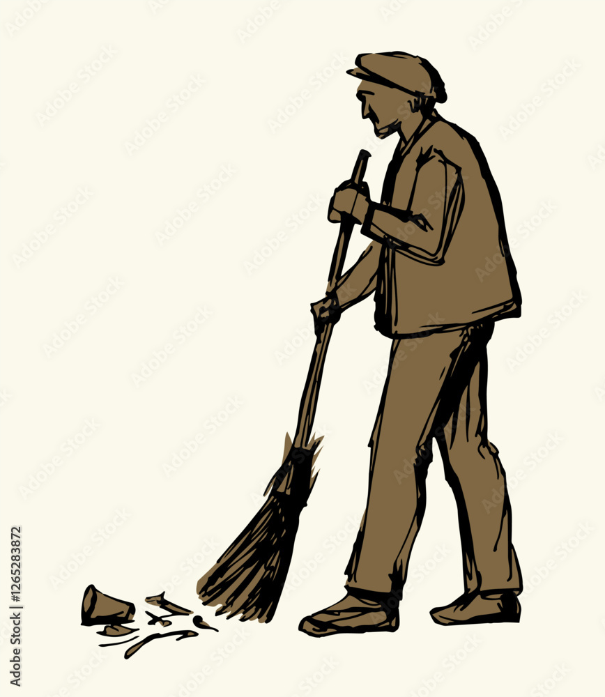 Vector Drawing. Janitor sweeping with a broom Stock Vector | Adobe Stock