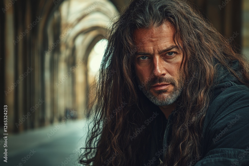Strong man with long hair poses in an ancient architectural setting ...