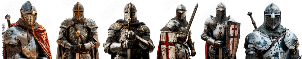 Set of medieval knights in full plate armor with swords and shields on ...