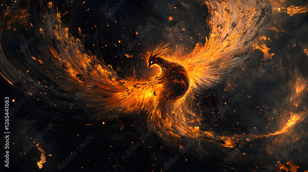phoenix rising from ashes with embers and fire swirling around its ...