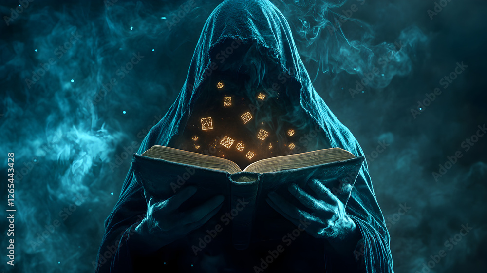 cloaked figure holding an ancient book with magical symbols floating ...