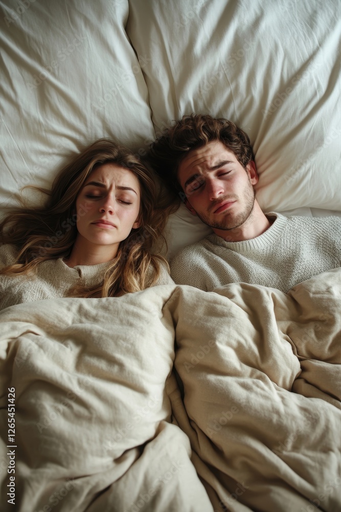 Couple sleeping in bed, woman lying under duvet her husband feeling ...