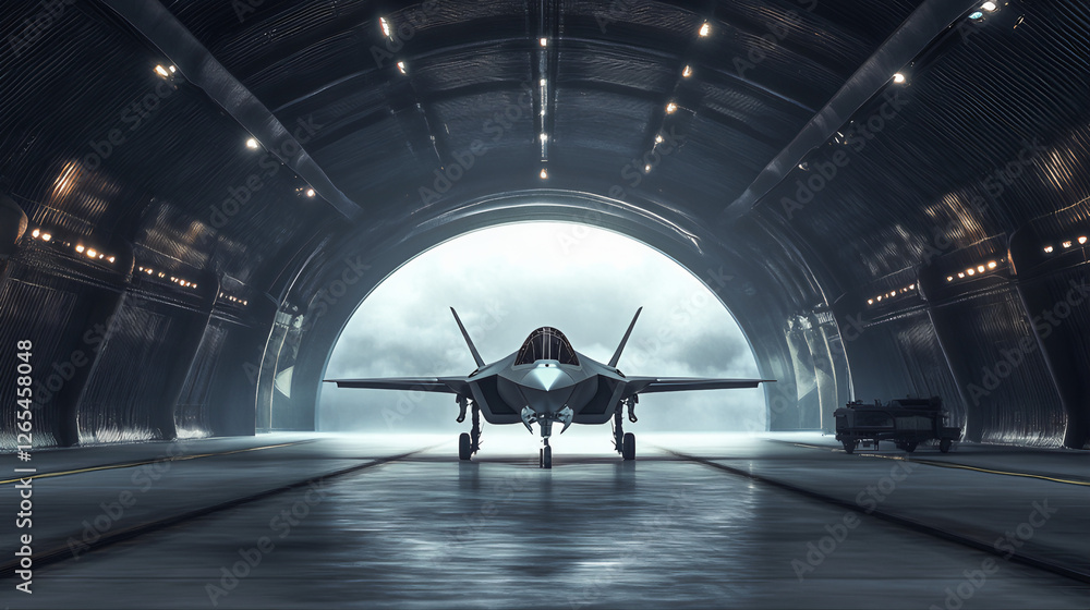 F-35 stealth, military aircraft hangar. Advanced military technology fighter jet squadron in the ...