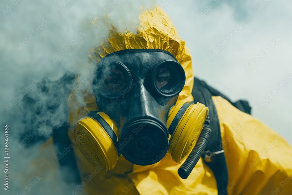 Persona en traje de protección y mascarilla de gas rodeada de humo ...