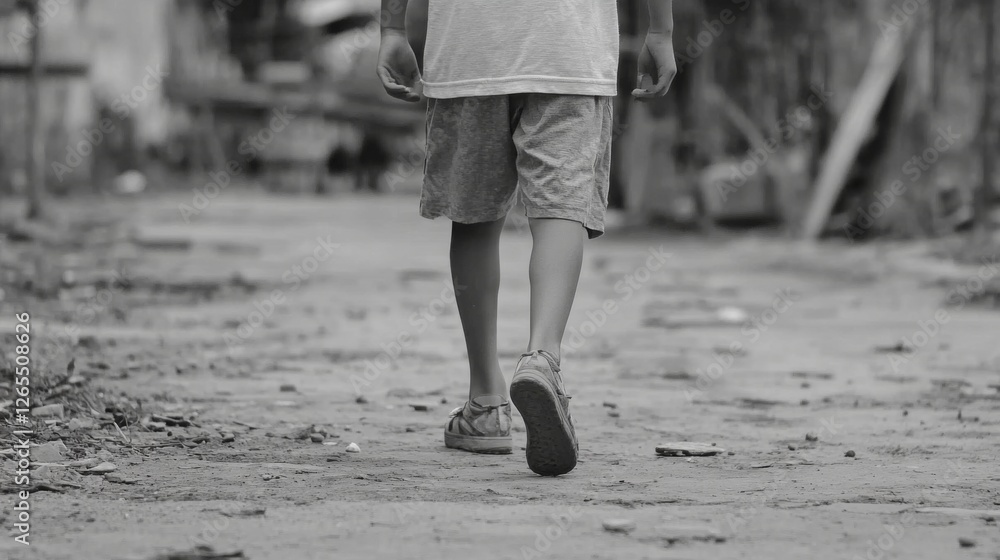 Child walking dirt road, slum background, poverty, social issue Stock ...