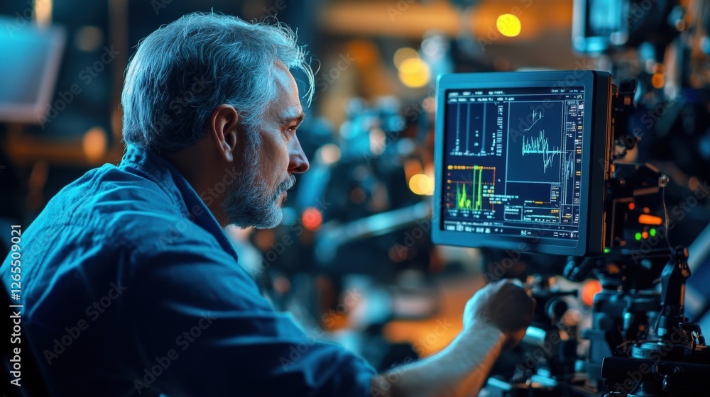 A side profile of a cinematographer intently adjusting the settings on ...