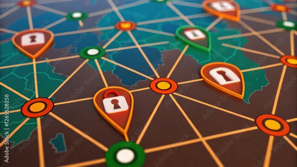 a close-up of a network map with pin markers, highlighting ...