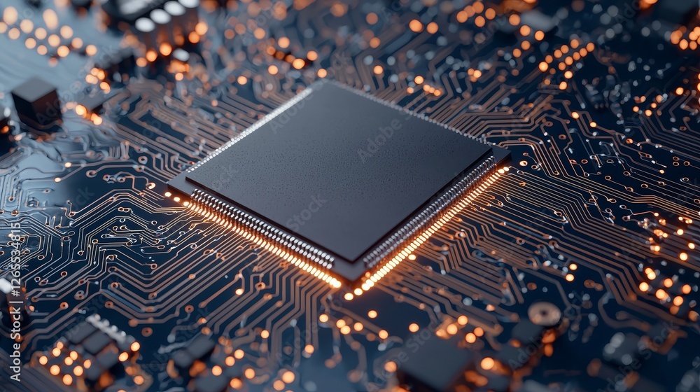 In this abstract background, AI is represented as a glowing quantum computer surrounded by ...