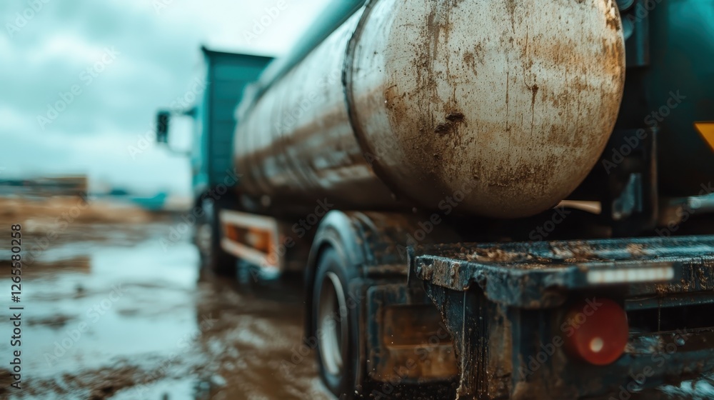This image features a dirty tank truck amidst a muddy environment ...