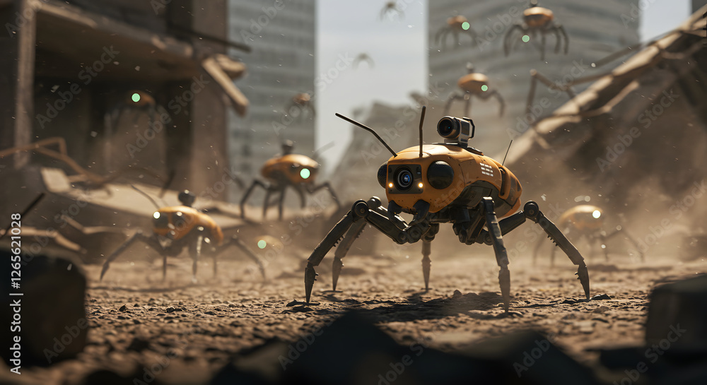 Futuristic yellow robots exploring destroyed cityscape 3d art war legs ...