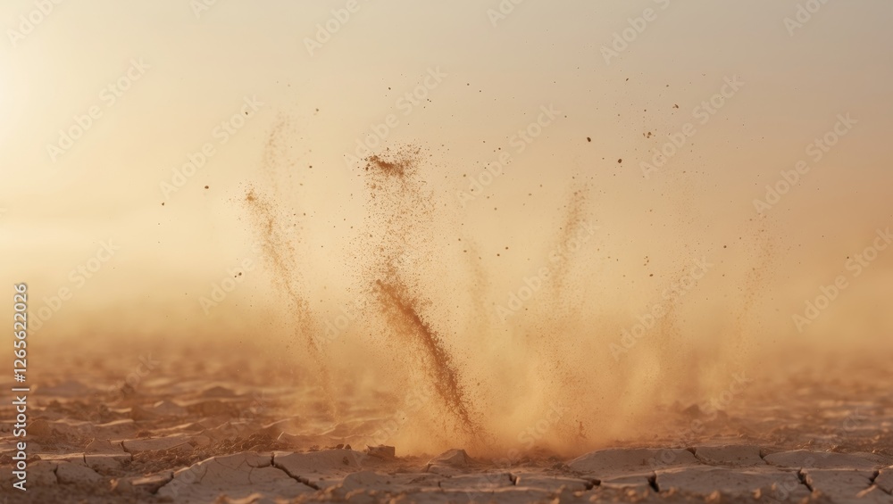 Dust particles rising in evening sunlight over dry soil with blurred ...