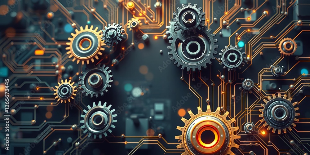 Complex network of interlocking gears and digital circuits symbolizing ...