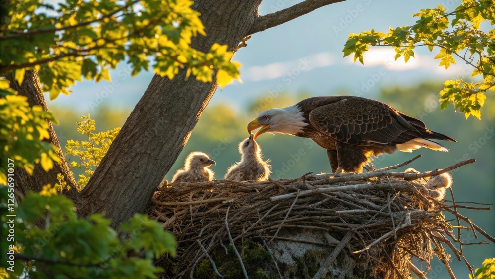 Mother Bald Eagle Feeding Baby Eaglets in Nest Against Sunny Tree ...