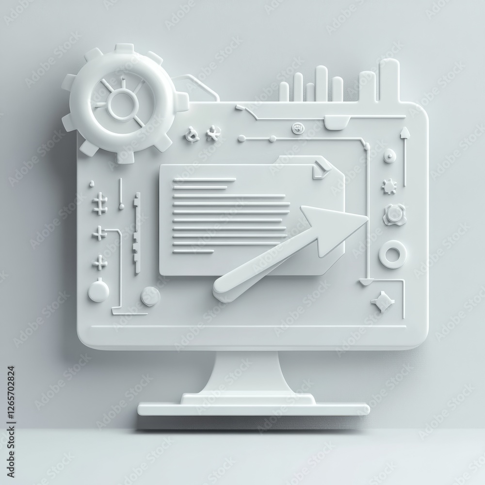 Monochrome Data Processing: A 3D Rendered Computer Monitor Displaying a Data File with Cog ...
