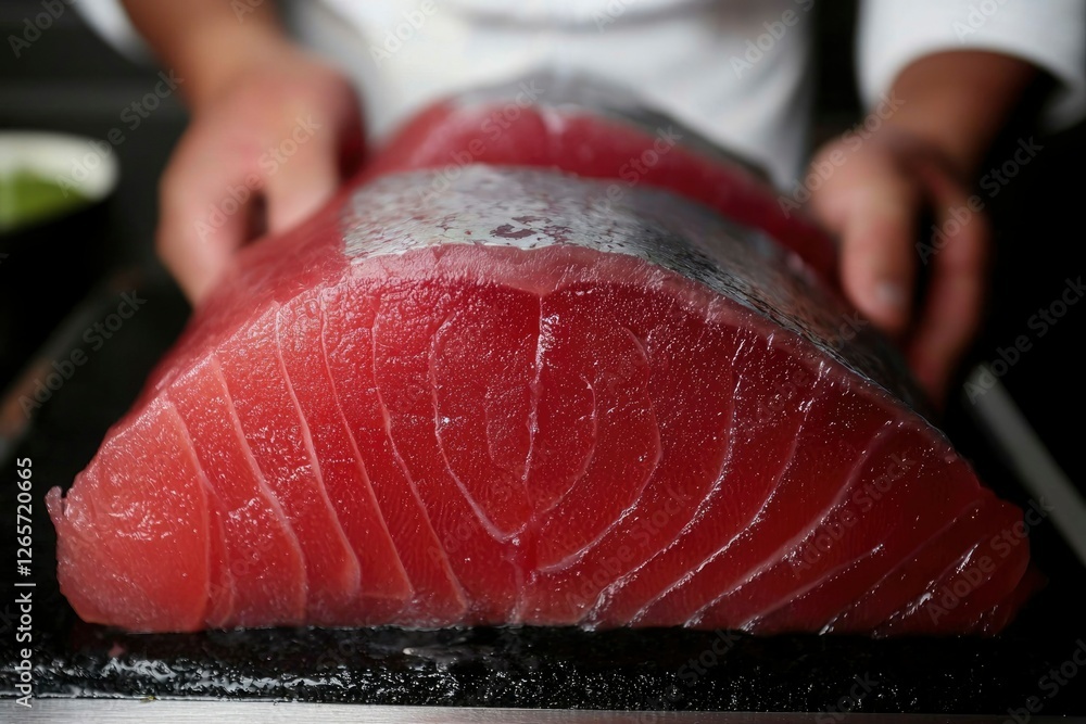 Chef presents a tuna loin. Close-up shot on the kitchen counter, food ...