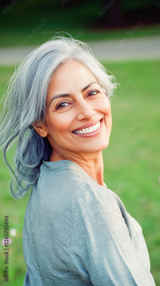 South Asian, Indian woman mature 50s smiling looking over shoulder ...