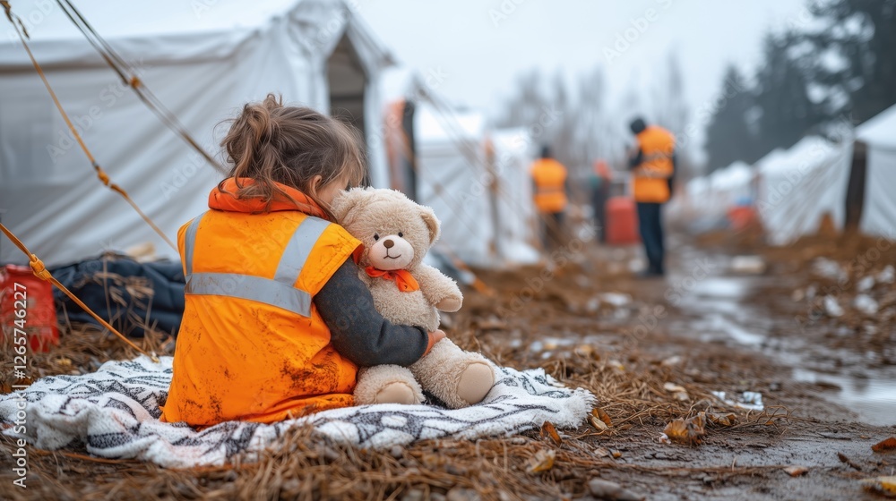 Sad refugee child wearing an orange safety vest hugging a teddy bear in ...