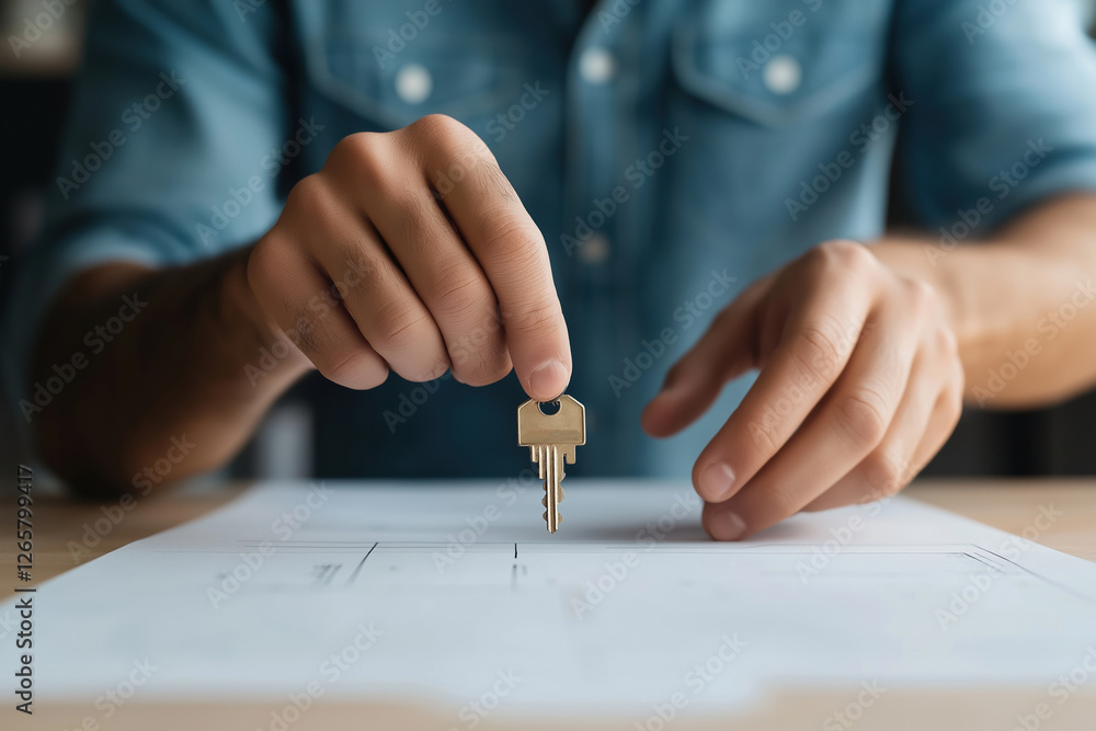 Key placement on blueprint signifies new beginnings in real estate ...