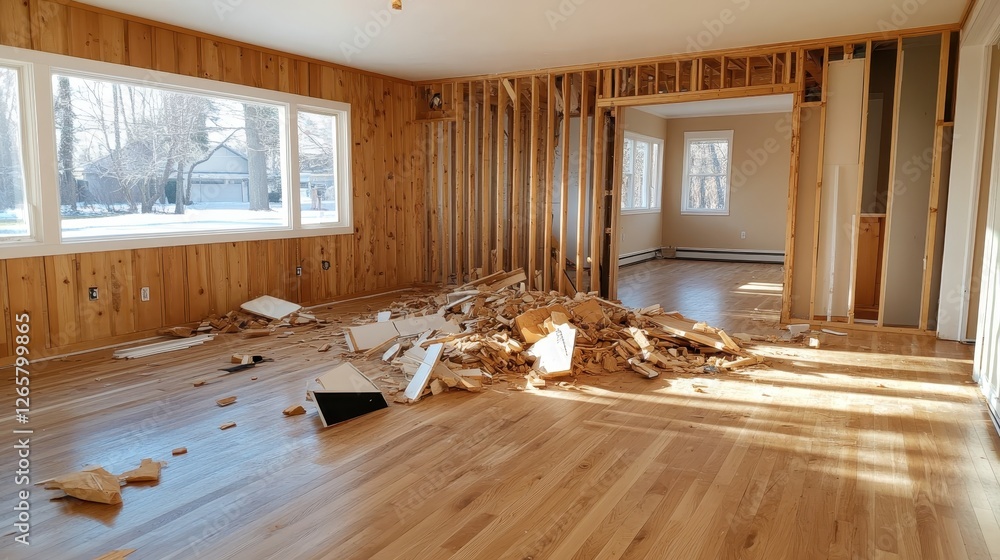 This photo captures an interior space undergoing renovation, showcasing ...