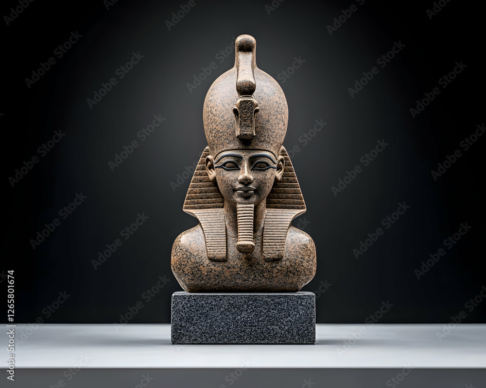 Bust sculpture of pharaoh on display against dark background for ...
