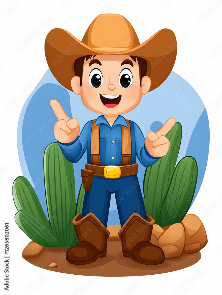 Cartoon boy dressed as cowboy pointing in the desert, illustration for ...
