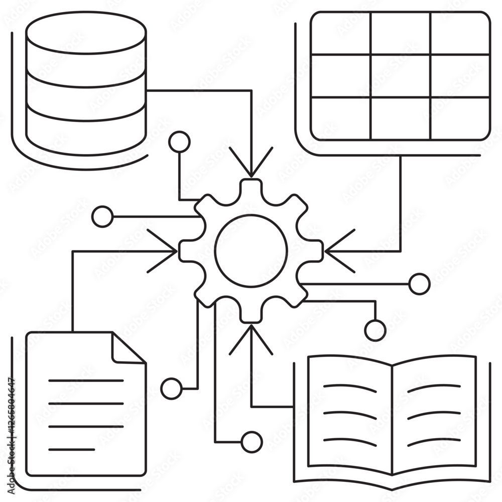 Data Integration Icon Simple Outline Monochrome Black Vector Pictogram With Thin Lines On A