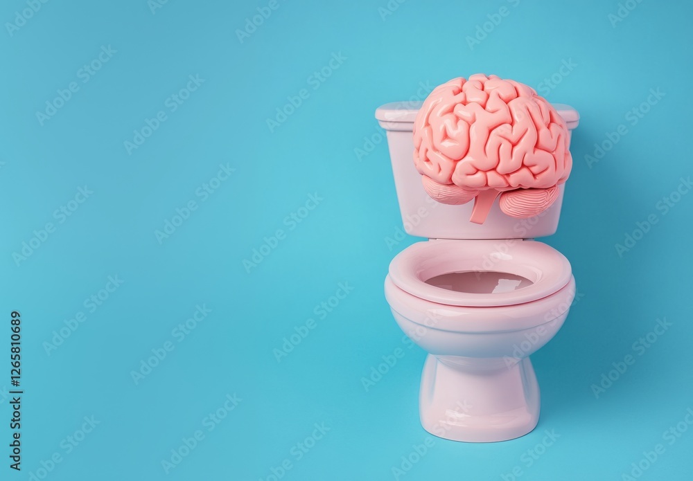 Pink human brain model floating on toilet on isolated pastel blue ...