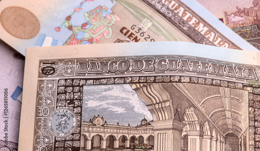 guatemalan paper currency notes detail in pile (100 cien quetzales ...