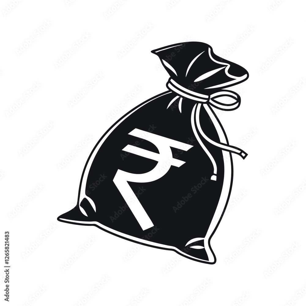 Black Silhouette Icon of a Money Bag with an Indian Rupee Symbol ...