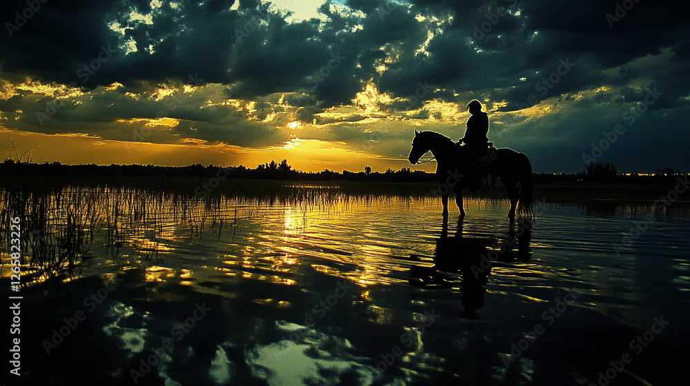 Native American Man on Horseback at Sunset Reflecting on Calm Water in ...