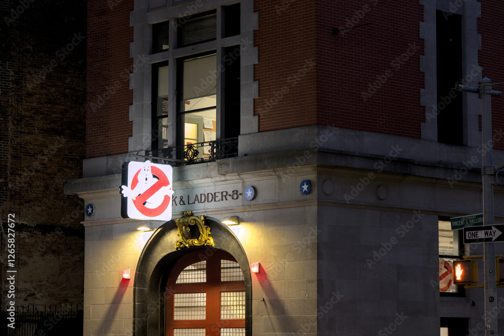 Firehouse, Hook and Ladder Company 8 with ghostbusters logo at night in ...