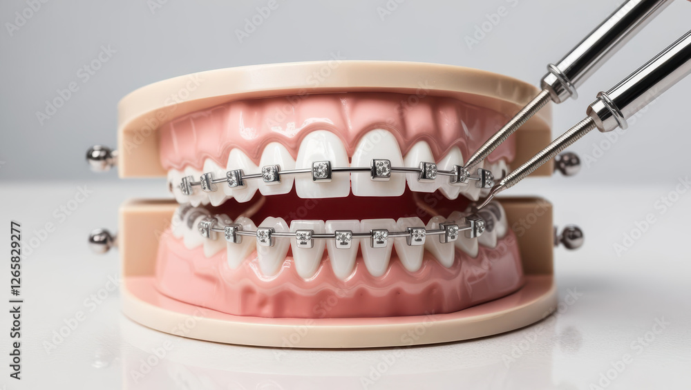 detailed view of dental braces being adjusted on model of human teeth ...