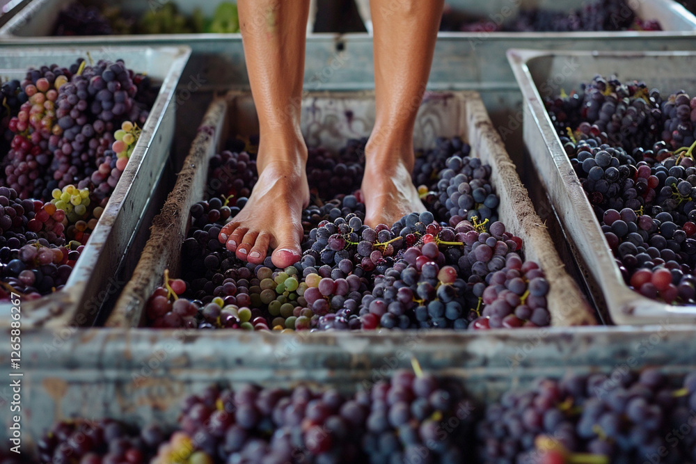Barefoot winemaking tradition—feet stomping fresh grapes in harvest ...