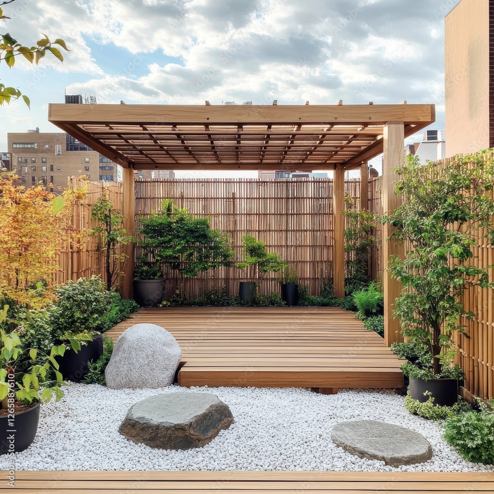 Beautiful wooden patio and japanese garden on a rooftop Stock ...
