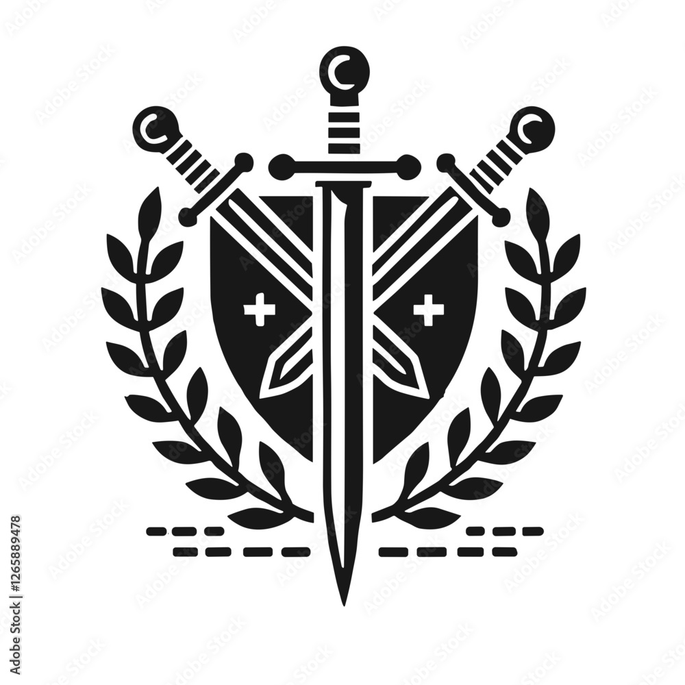 Shield and Sword with Laurel Wreath Emblem for Logos, Security ...