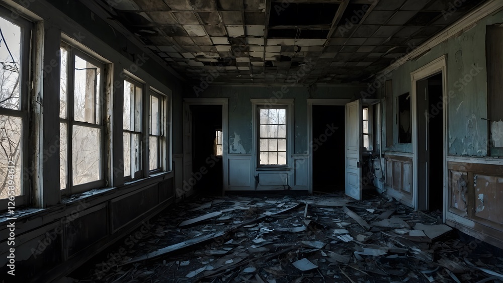 photograph of an abandoned house, featuring empty, vacant windows like ...