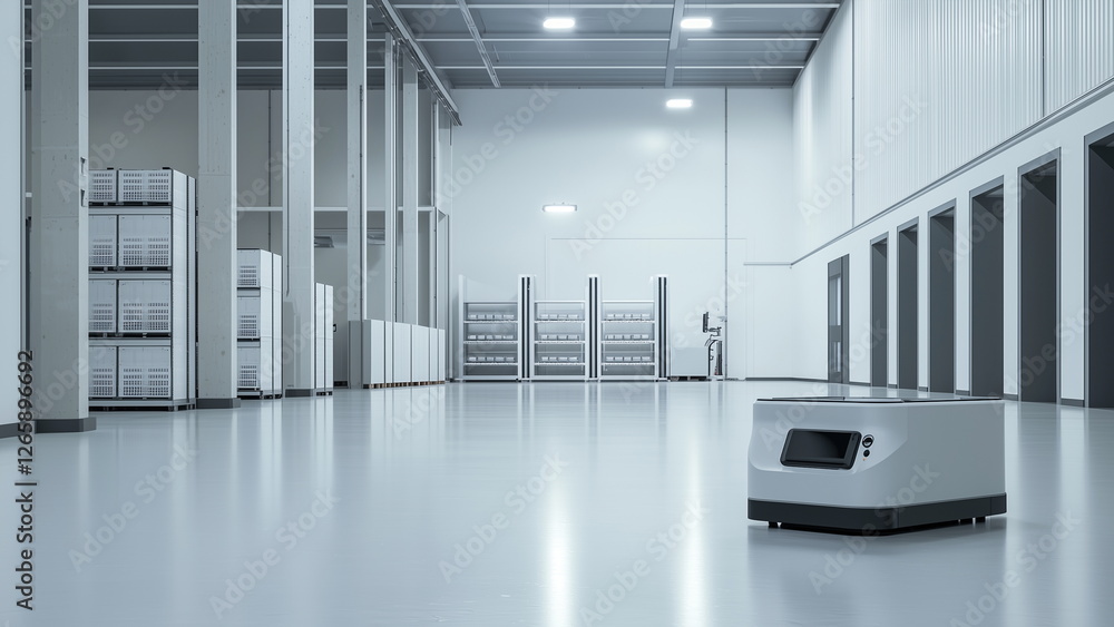 Modern white warehouse managed by robots, advance robotic warehouse ...