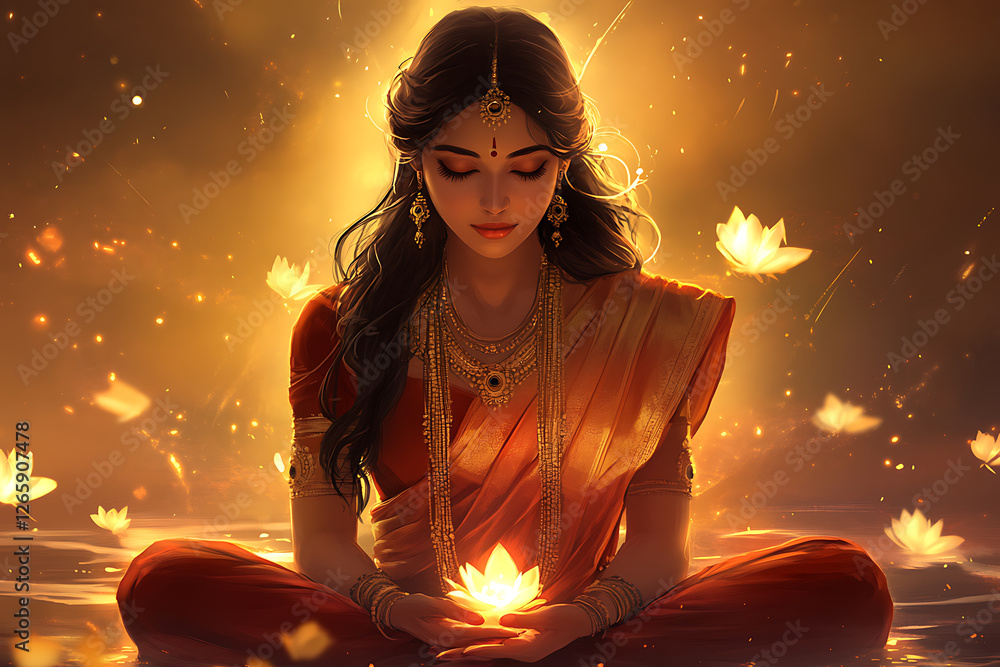 An illustration of the Hindu goddess Lakshmi in a seated pose, adorned ...