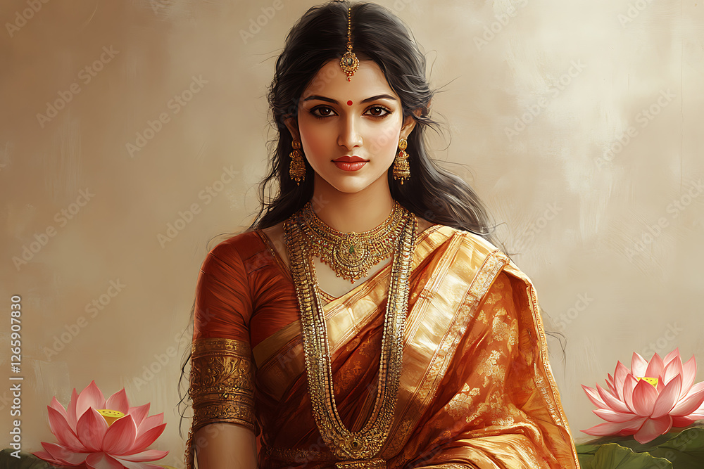 An illustration of the Hindu goddess Lakshmi in a seated pose, adorned ...