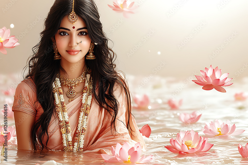 An illustration of the Hindu goddess Lakshmi in a seated pose, adorned ...