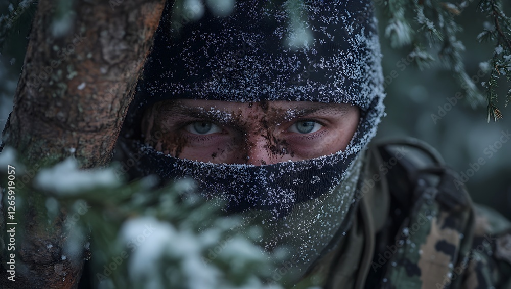 Russian Special Forces Soldier in Camouflage Hiding Behind Pine Tree in ...