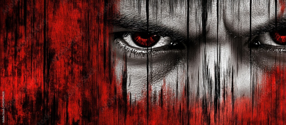Angry red eyes, bloody wood backdrop, horror art Stock Illustration ...