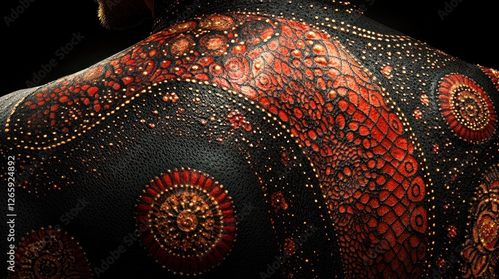 Red gold body paint art, back view, dark background, design element ...