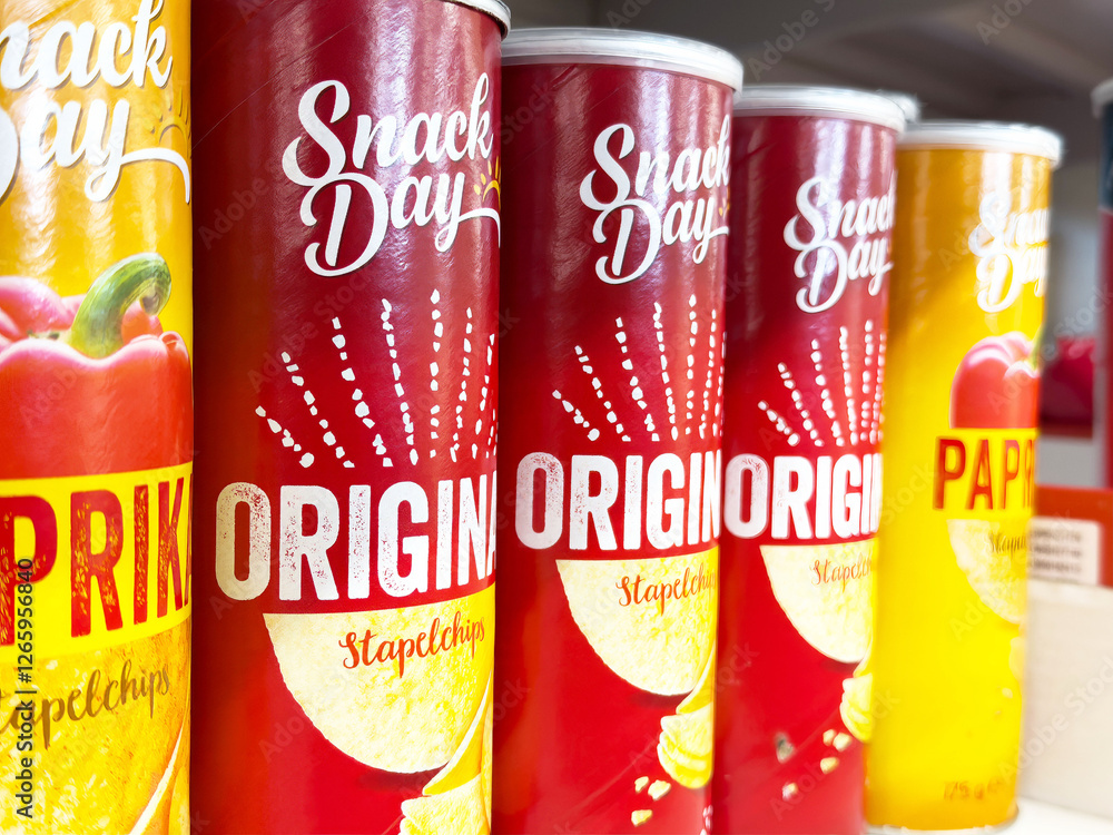 Stacked snack day chips: various flavors of pringle-like tubes on shelf ...