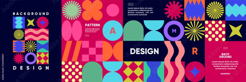 A bold abstract pattern with geometric shapes and vivid colors in a ...