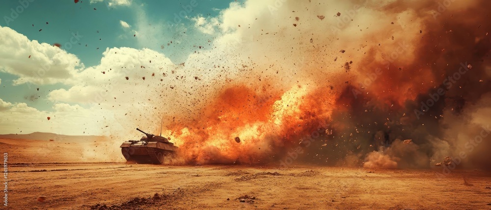 Epic War Scene of Armored Tank Crossing Desert Minefield with ...
