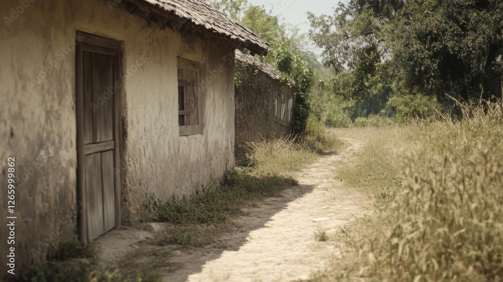 Rustic rural pathway, old buildings, overgrown field, peaceful scene ...